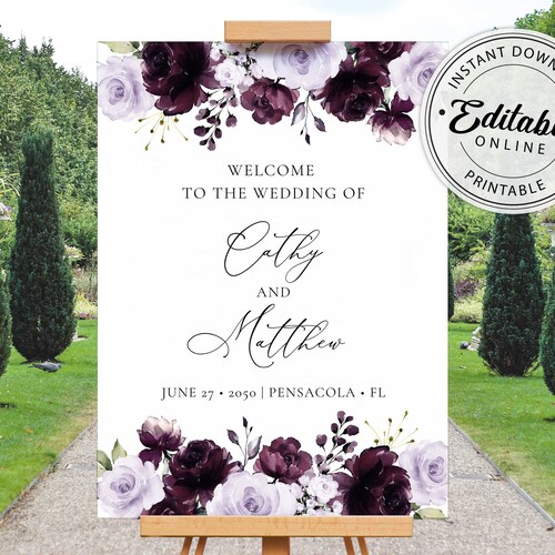Purple Wedding Welcome Sign Watercolor Wedding Welcome Sign | Etsy