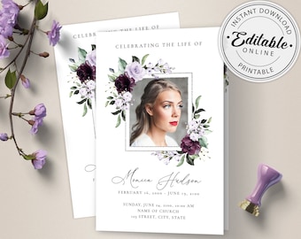 Purple Funeral Program Template Memorial Program Template | Etsy