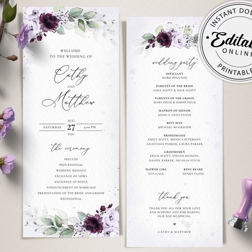 Lavender and Purple Wedding Program Template INSTANT - Etsy