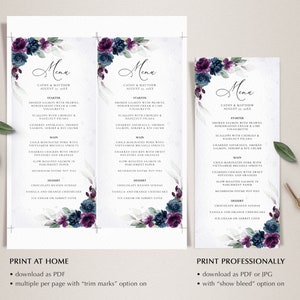 Purple and Navy Blue Menu Template wedding Bridal Shower - Etsy UK