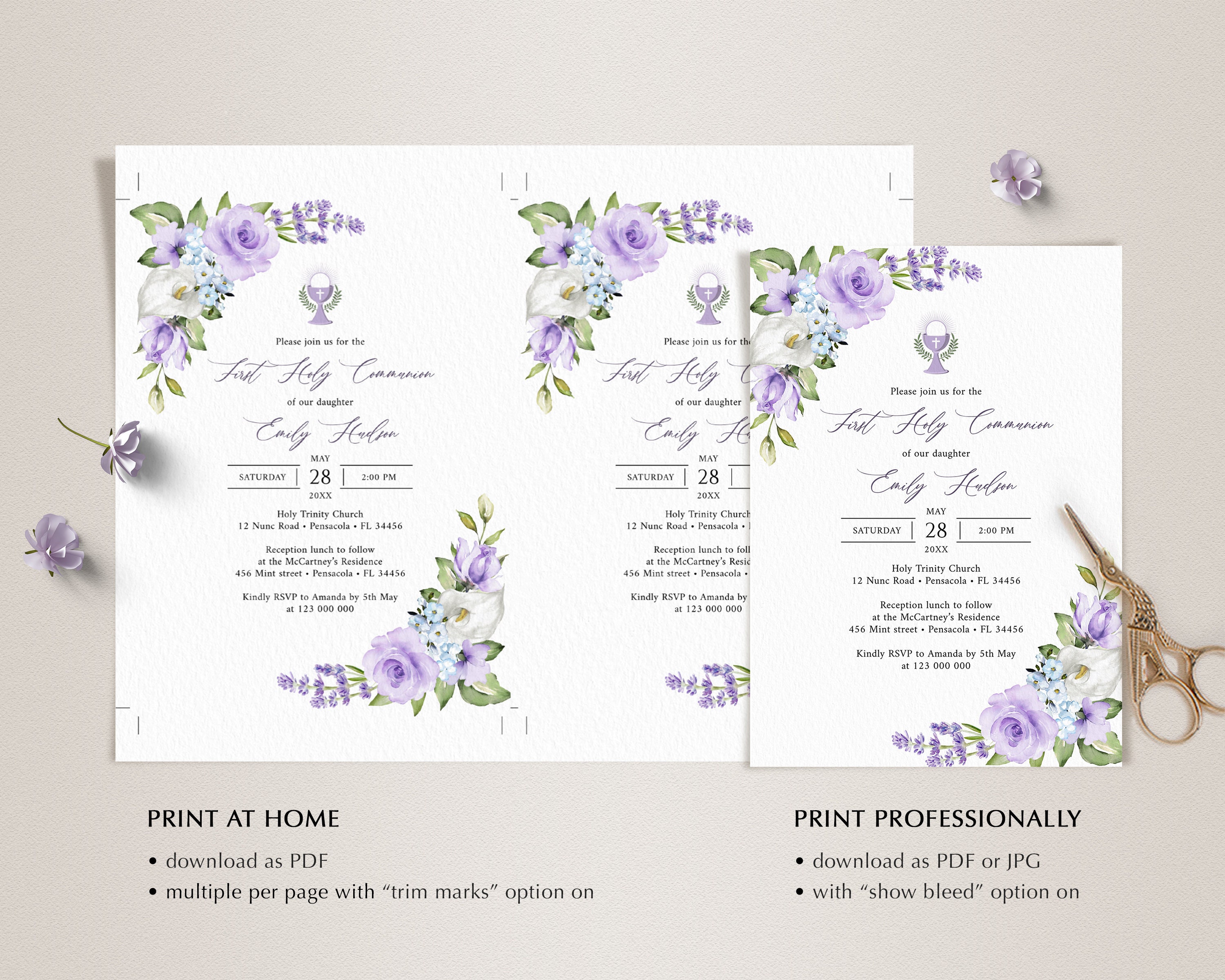 Lavender White and Blue First Holy Communion Invitation - Etsy UK