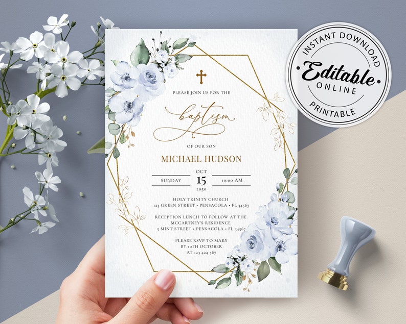 Dusty Blue Baptism/christening Invitation Template (digital Download ...