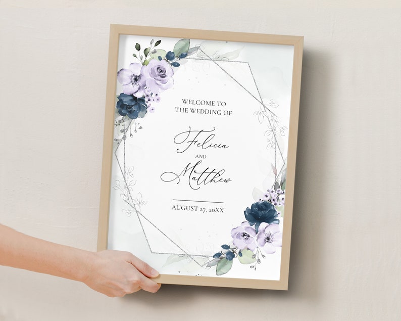 Lavender & Navy Blue Rose Wedding Welcome Sign Template (digital ...