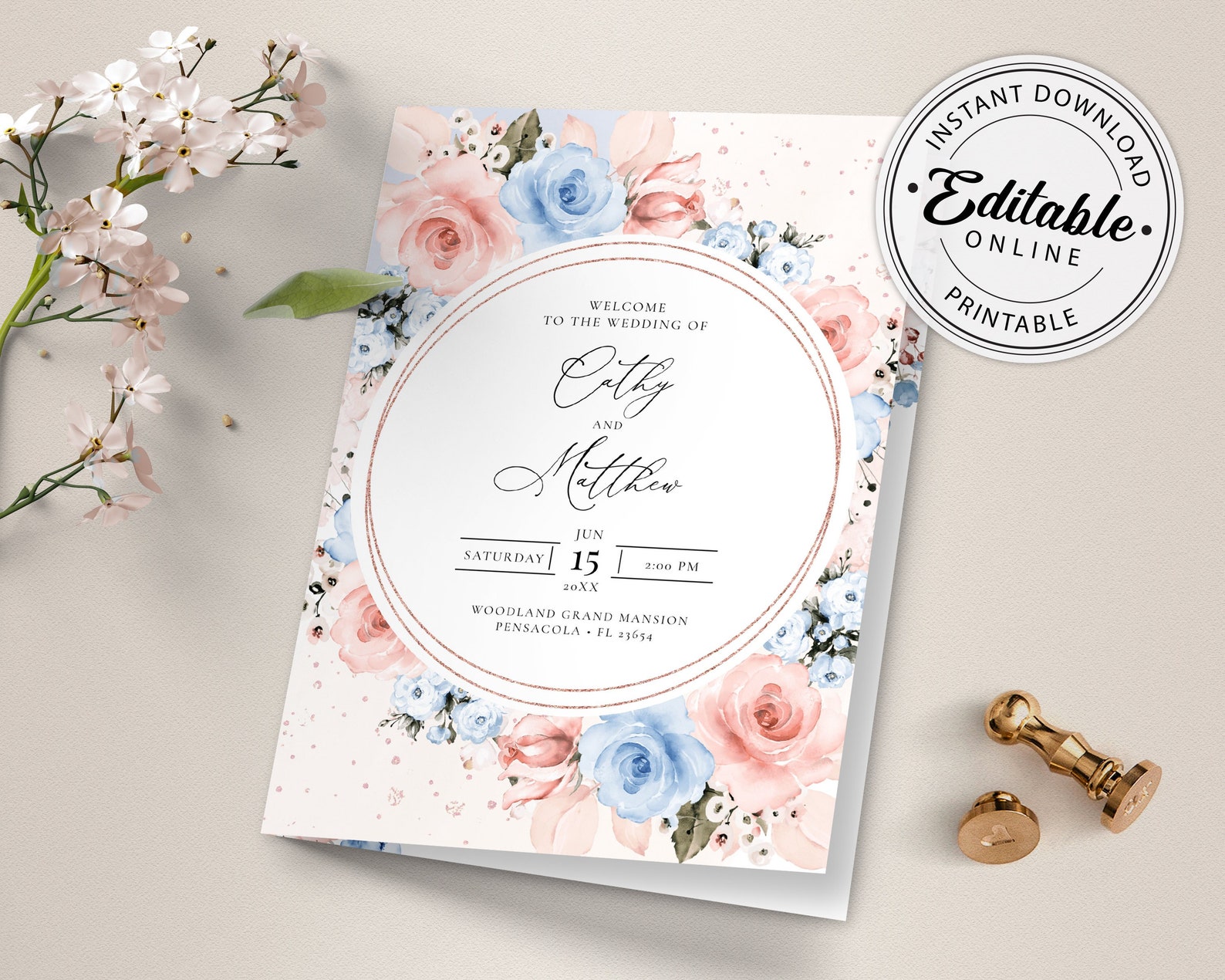 Folded Wedding Program Template With Dusty Blue and Blush Pink | Etsy