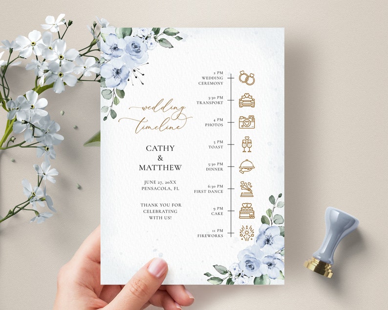 Dusty Blue Wedding Timeline Card Template Wedding Day - Etsy