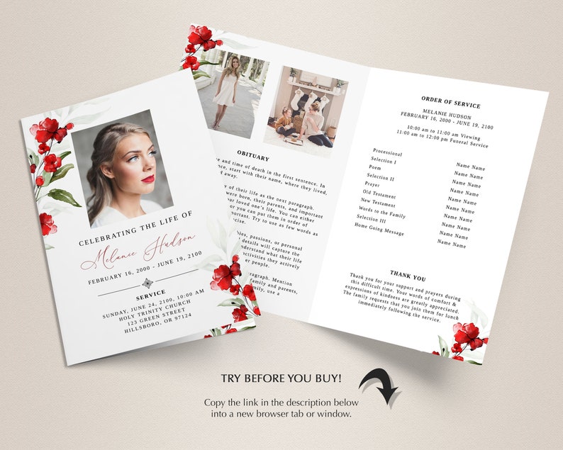 Printable Red Floral Funeral Program Template Memorial - Etsy Canada
