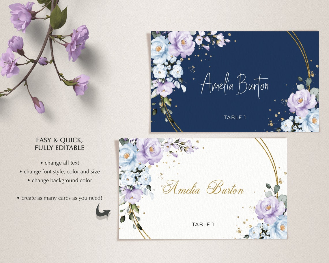 Lavender and Blue Floral Place Card Template • INSTANT DOWNLOAD ...