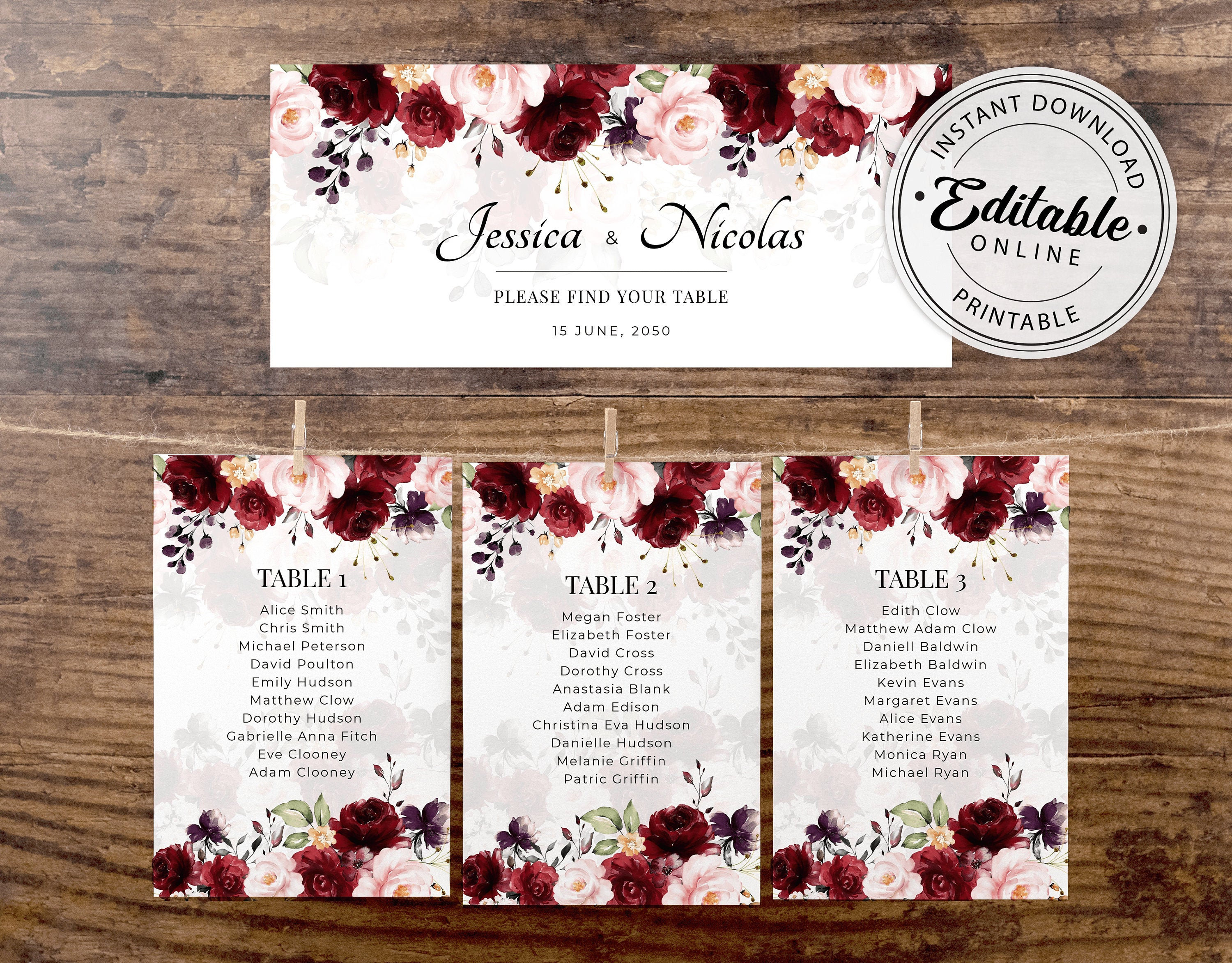 Burgundy Wedding Seating Table Cards, Marsala Find Your Table , Seat ...