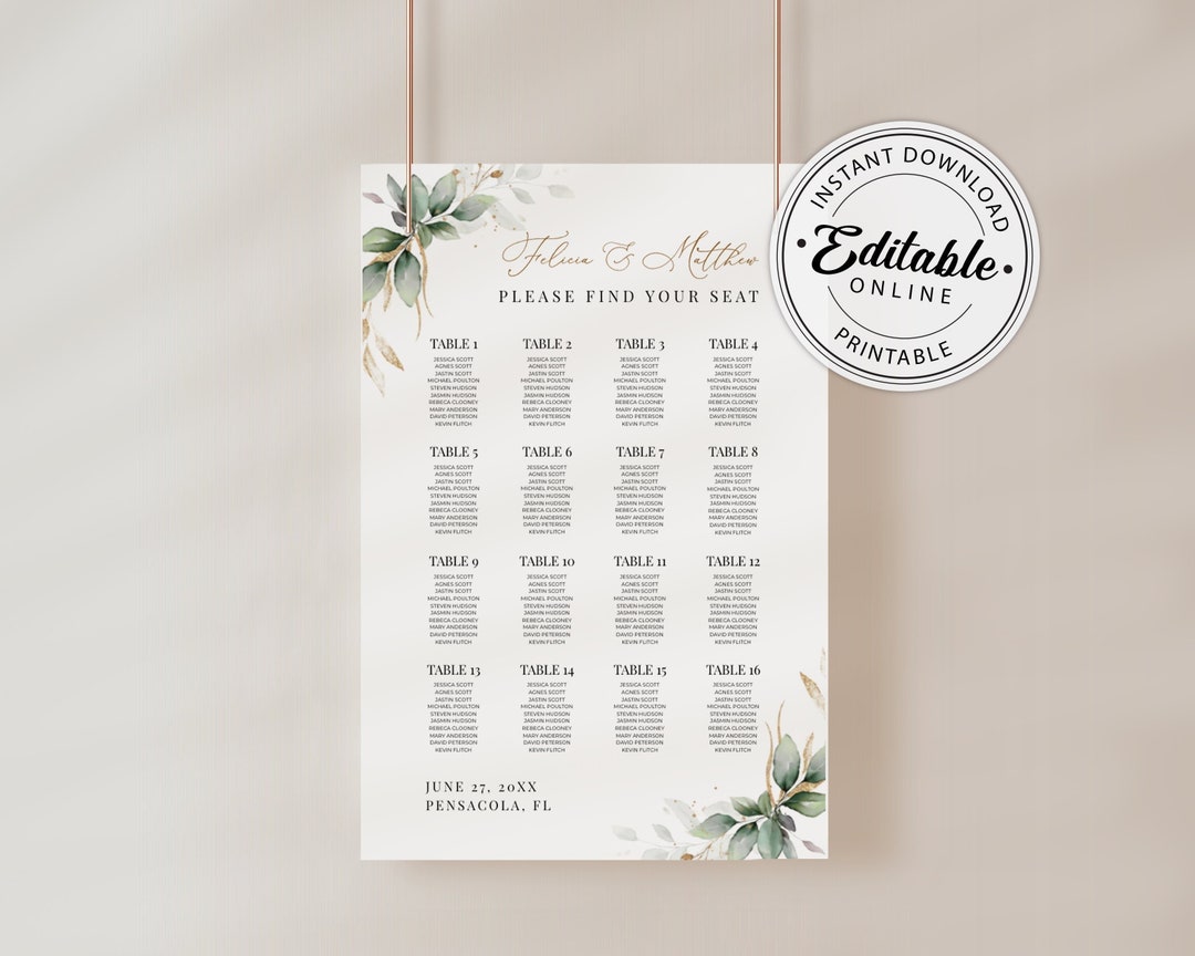 Boho Greenery Wedding Seating Chart Template • INSTANT DOWNLOAD ...