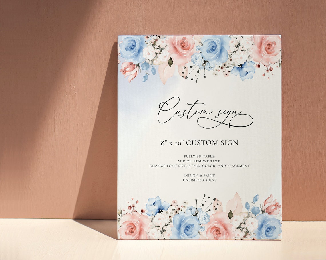 Custom Sign Template With Blue and Blush Pink Roses Portrait - Etsy