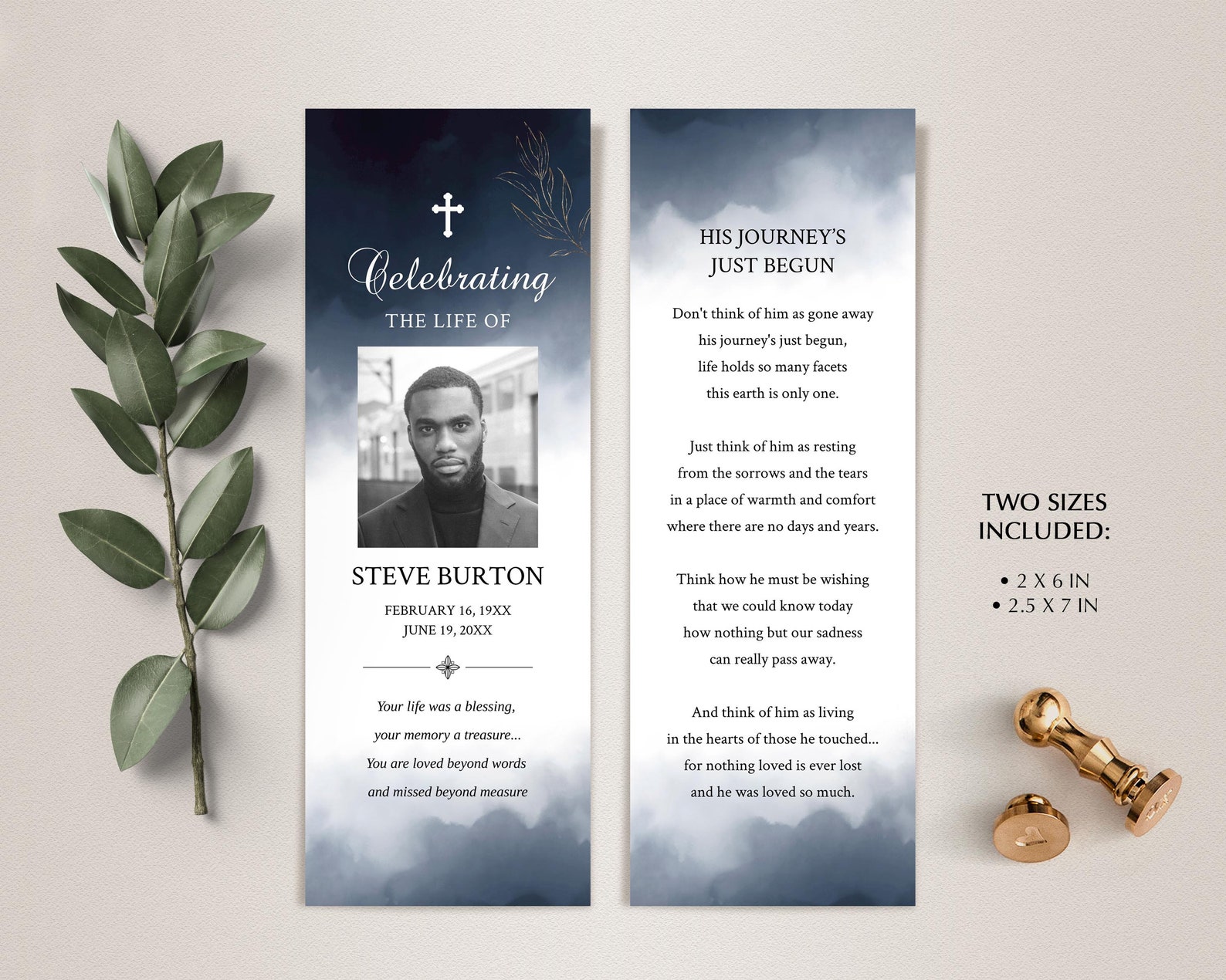 Navy Blue Funeral Bookmark Template, Editable Memorial Keepsake ...