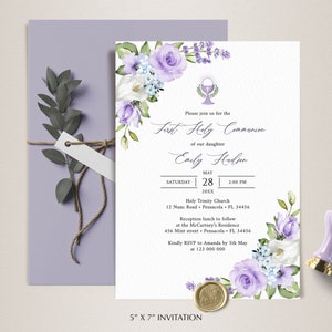 Lavender, White and Blue First Holy Communion Invitation Template ...