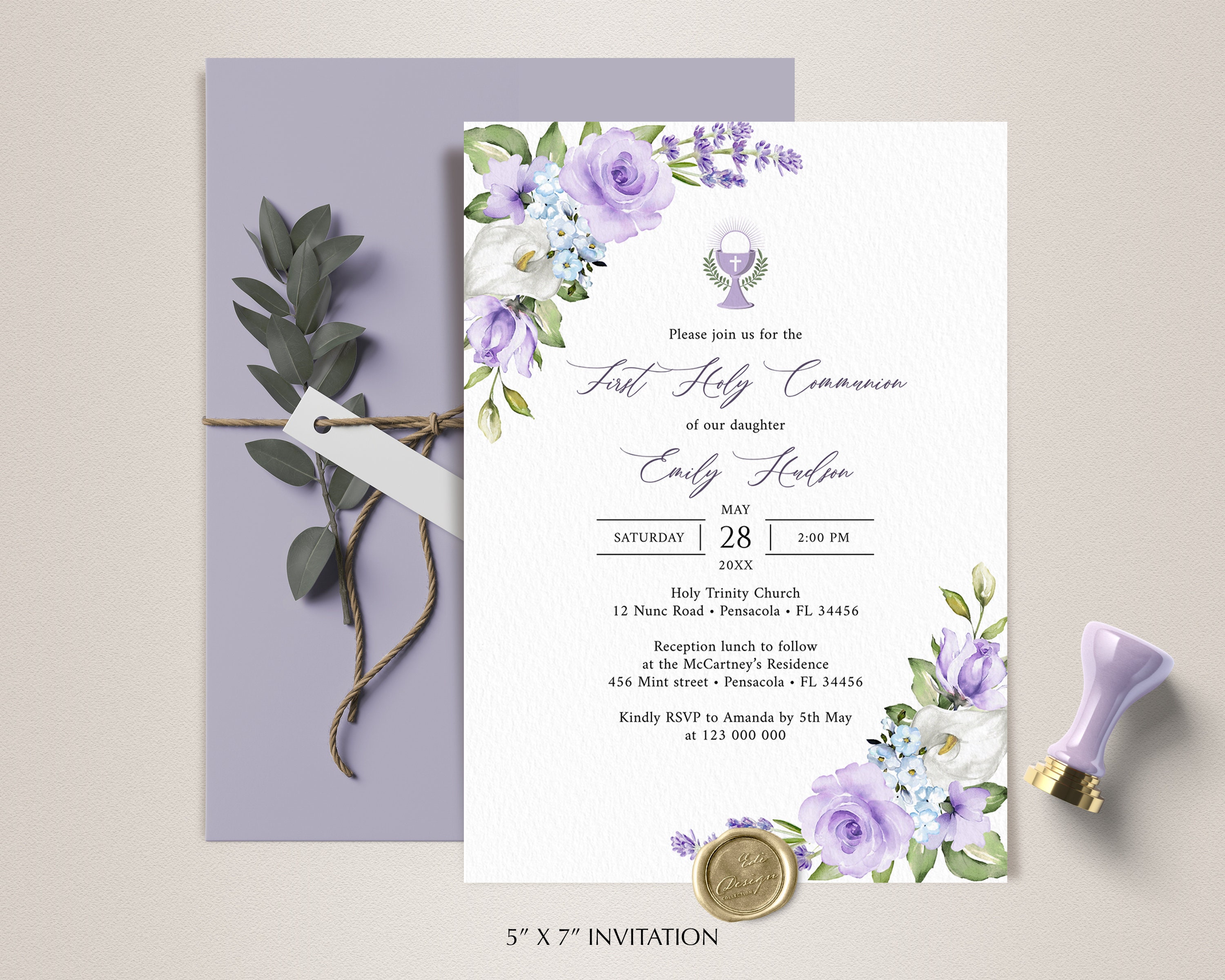 Lavender White and Blue First Holy Communion Invitation - Etsy UK