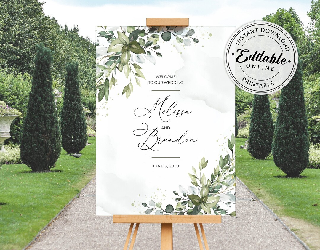 Boho Greenery Wedding Welcome Sign Template With Eucalyptus • INSTANT ...
