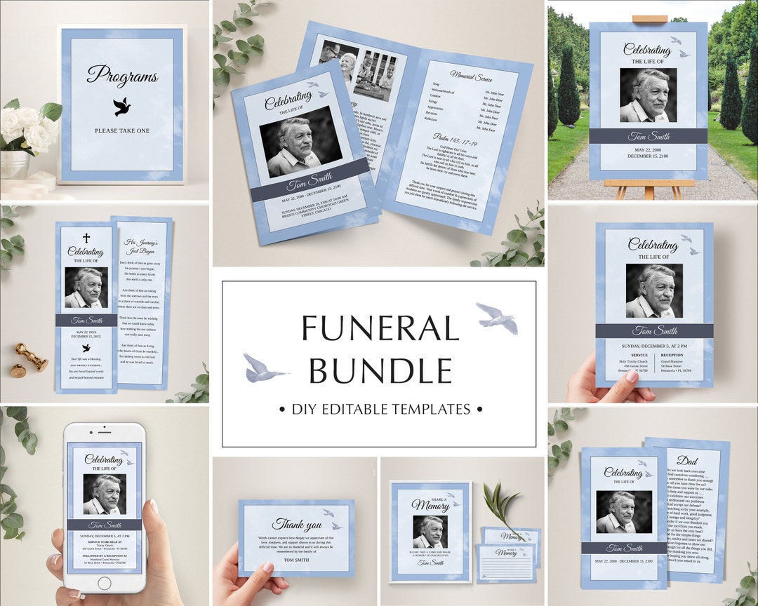 Blue Funeral Templates Bundle, Funeral Memory Package, Celebration of ...