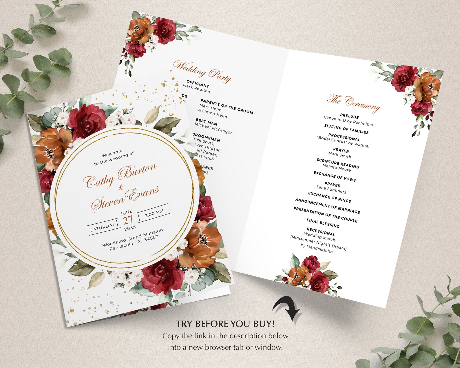 Bi-fold Wedding Program Template With Burgundy and Terracotta - Etsy