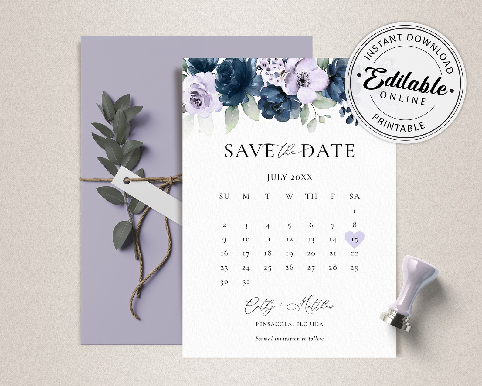 Lavender and Navy Blue Calendar Wedding Save the Date Template ...