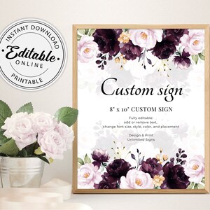 Purple Wedding Custom Sign Template, Portrait and Landscape Dark Plum ...