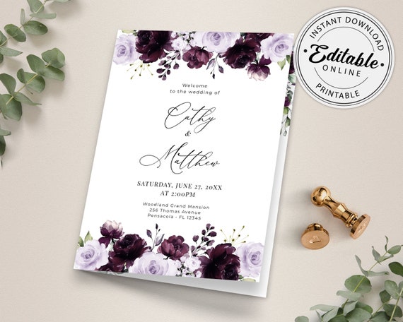 Folded Wedding Program Template With Purple Roses Wedding - Etsy UK