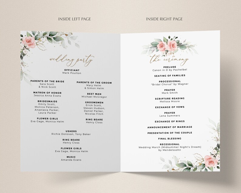 Bi-fold Greenery Wedding Program Template with Blush Pink | Etsy