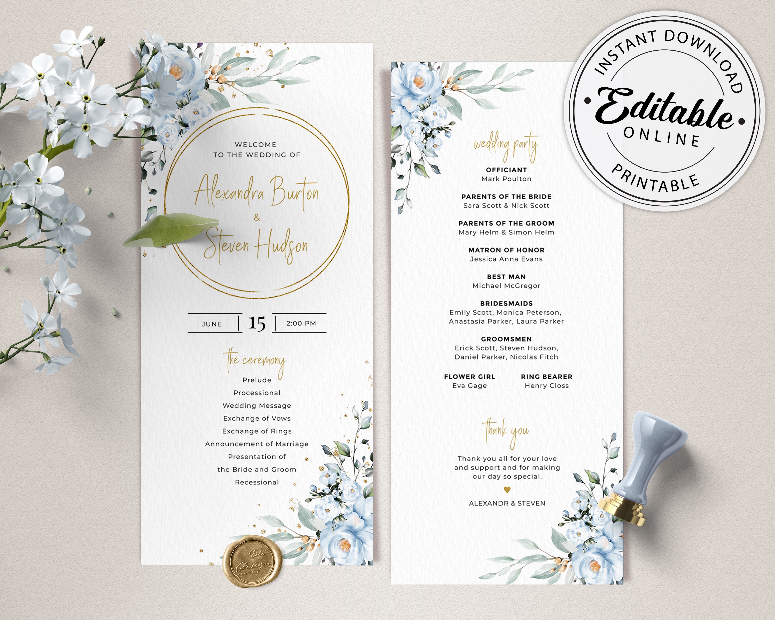 Blue Wedding Program Template Printable Floral Wedding - Etsy UK
