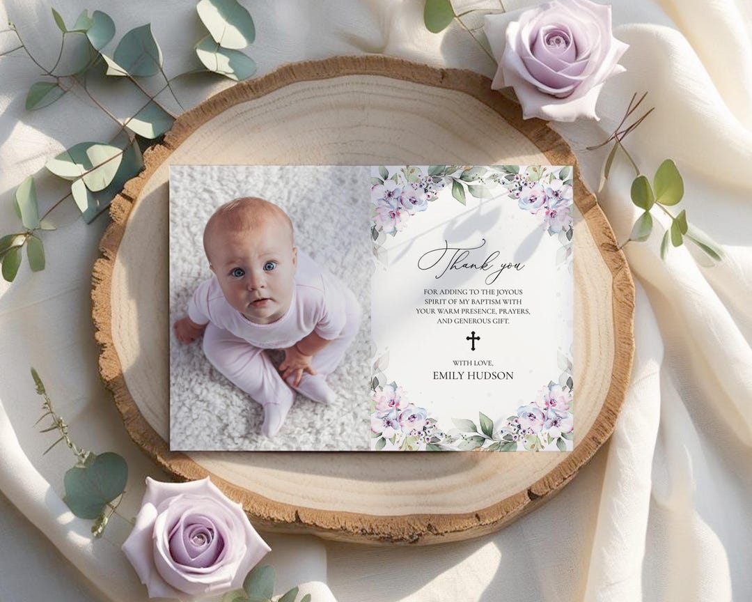 Baptism Thank You Card Template With Lavender Roses, Thank You Note ...