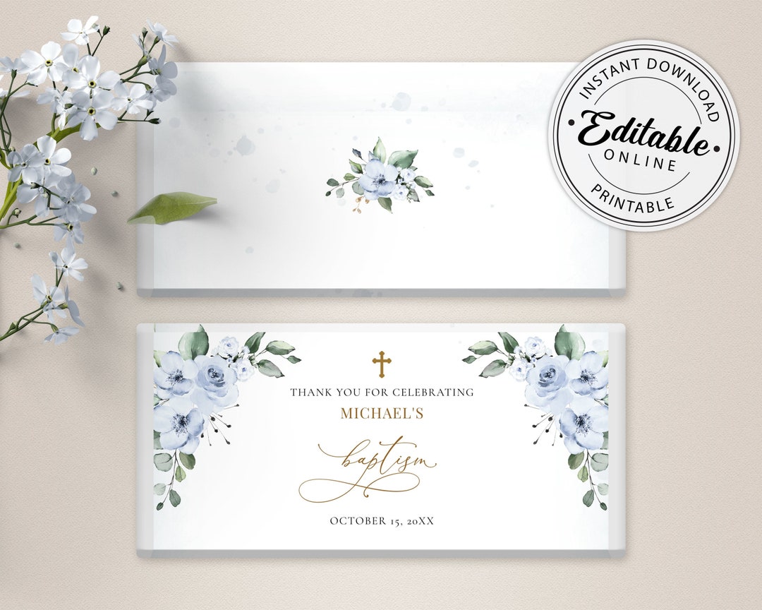 Dusty Blue Baptism Chocolate Wrapper Template christening, Communion ...