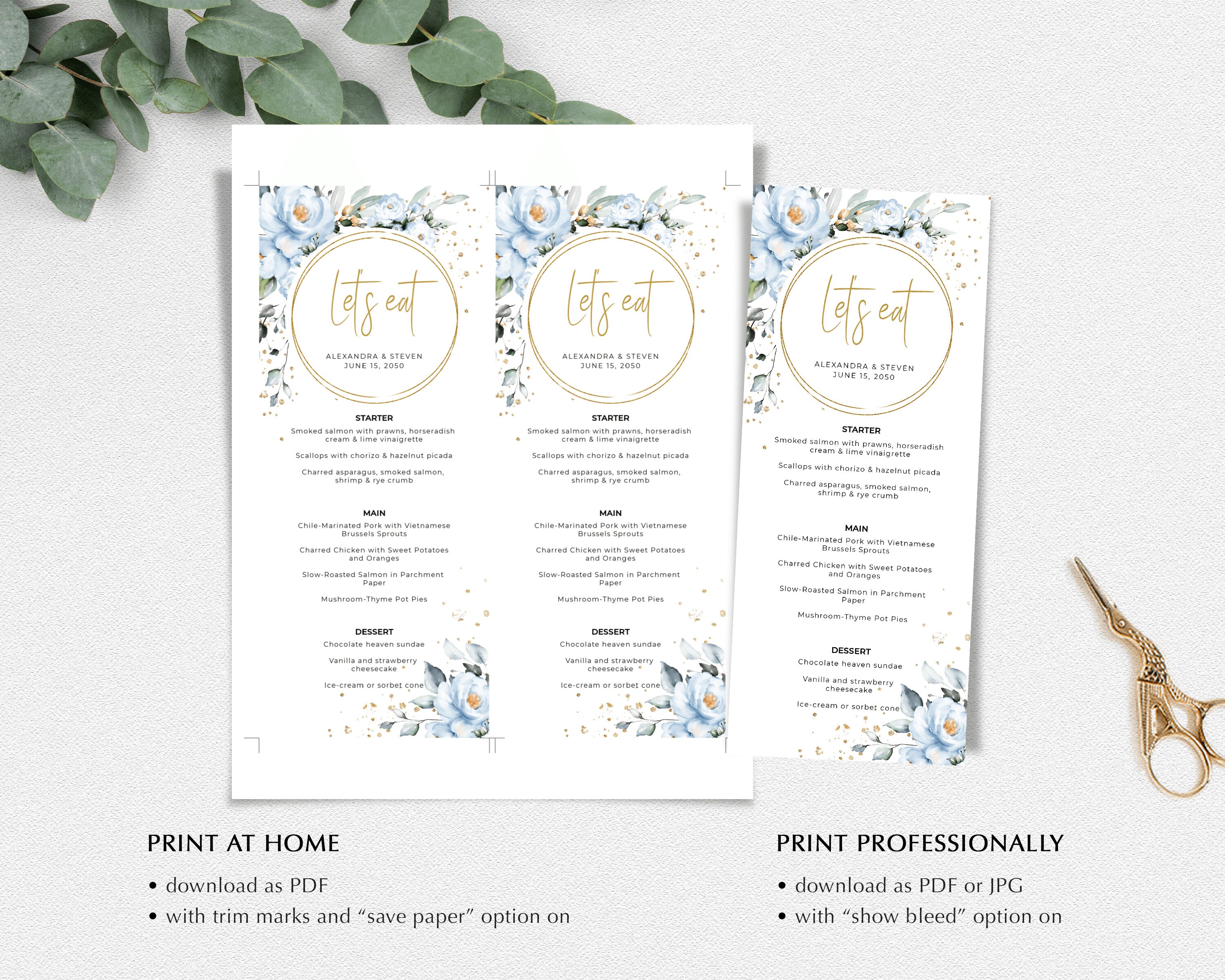 Blue Wedding Menu Template wedding Bridal Shower Dinner | Etsy
