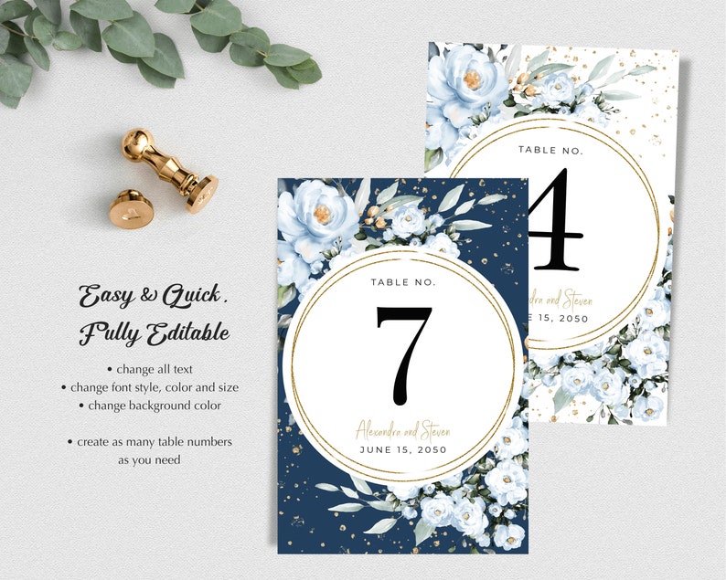 Blue Wedding Table Numbers Template Table Number Signs - Etsy