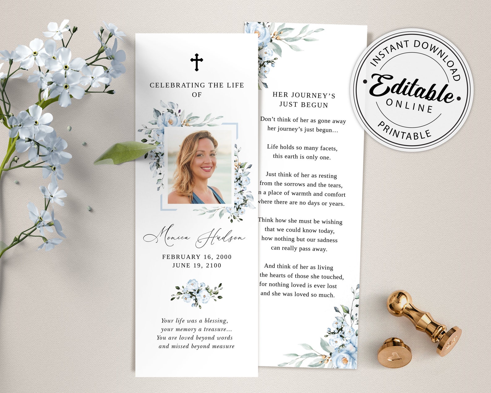 Light Blue Funeral Bookmark Template, Printable Bookmark, Funeral ...