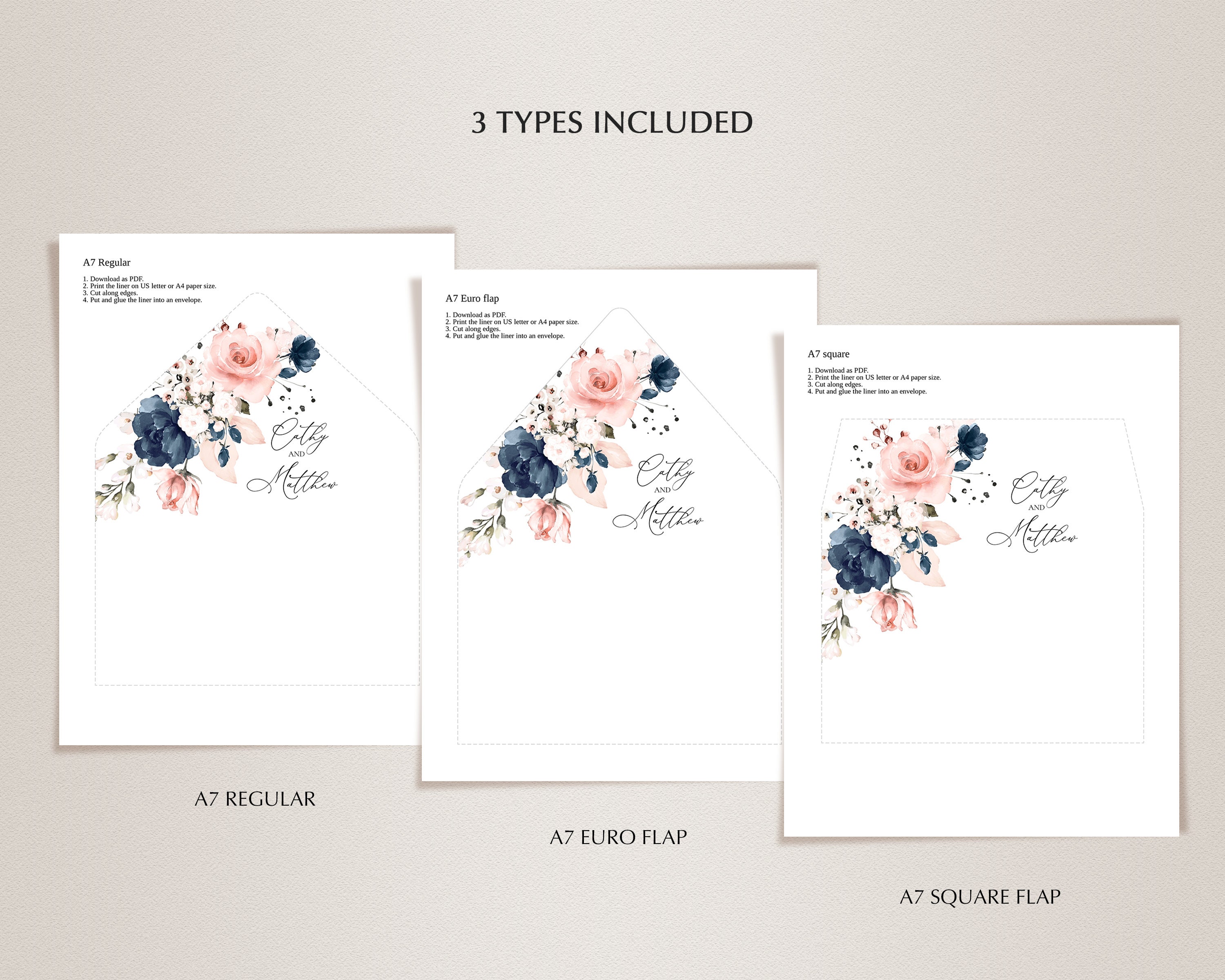 Navy Blue and Blush Pink A7 Envelope Liner Template A7 Euro - Etsy