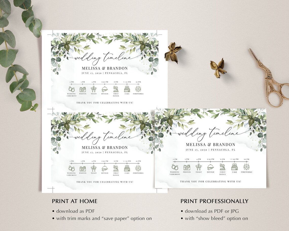 Greenery Wedding Timeline Card Template Wedding Day Schedule - Etsy UK