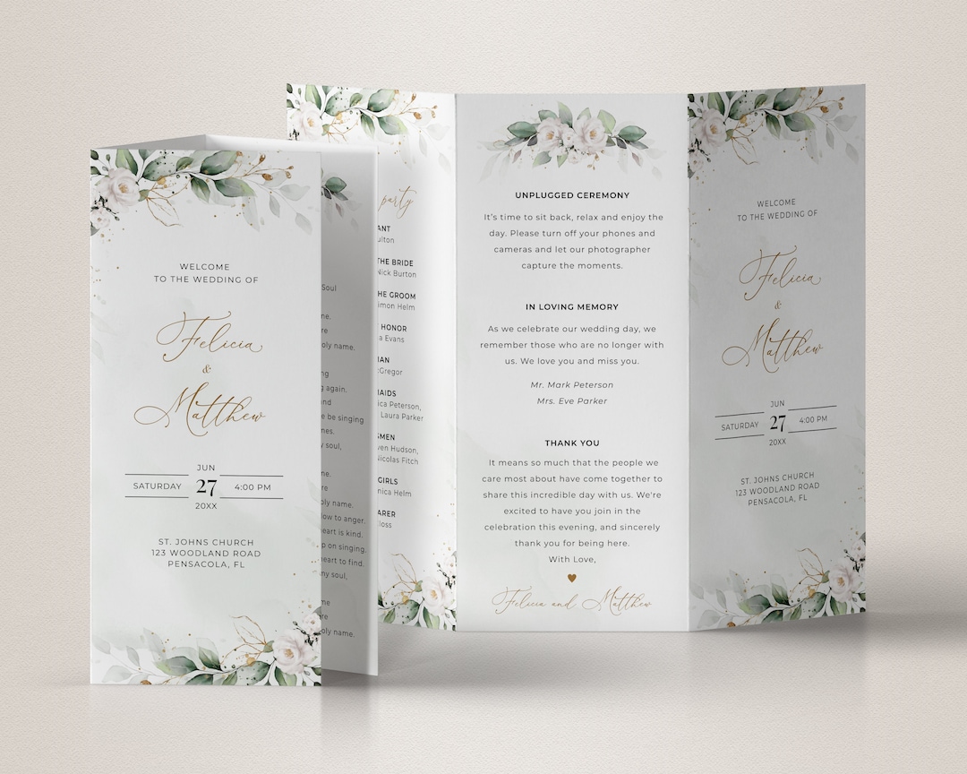 Trifold Wedding Program Template With Eucalyptus, Greenery Trifold ...