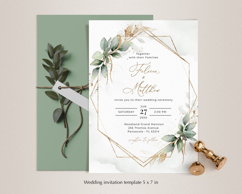 Greenery Wedding Invitation Template • Geometric Invitation Template ...
