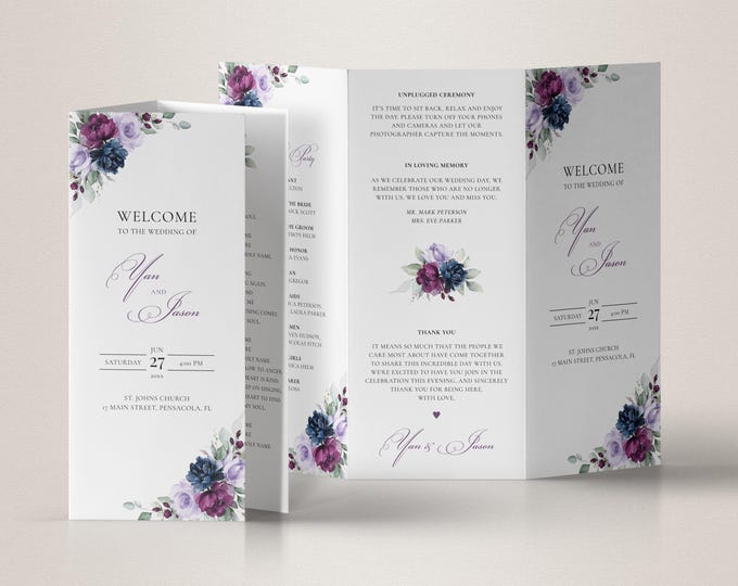 Trifold Wedding Program Template, Purple Lavender and Navy Blue Program ...