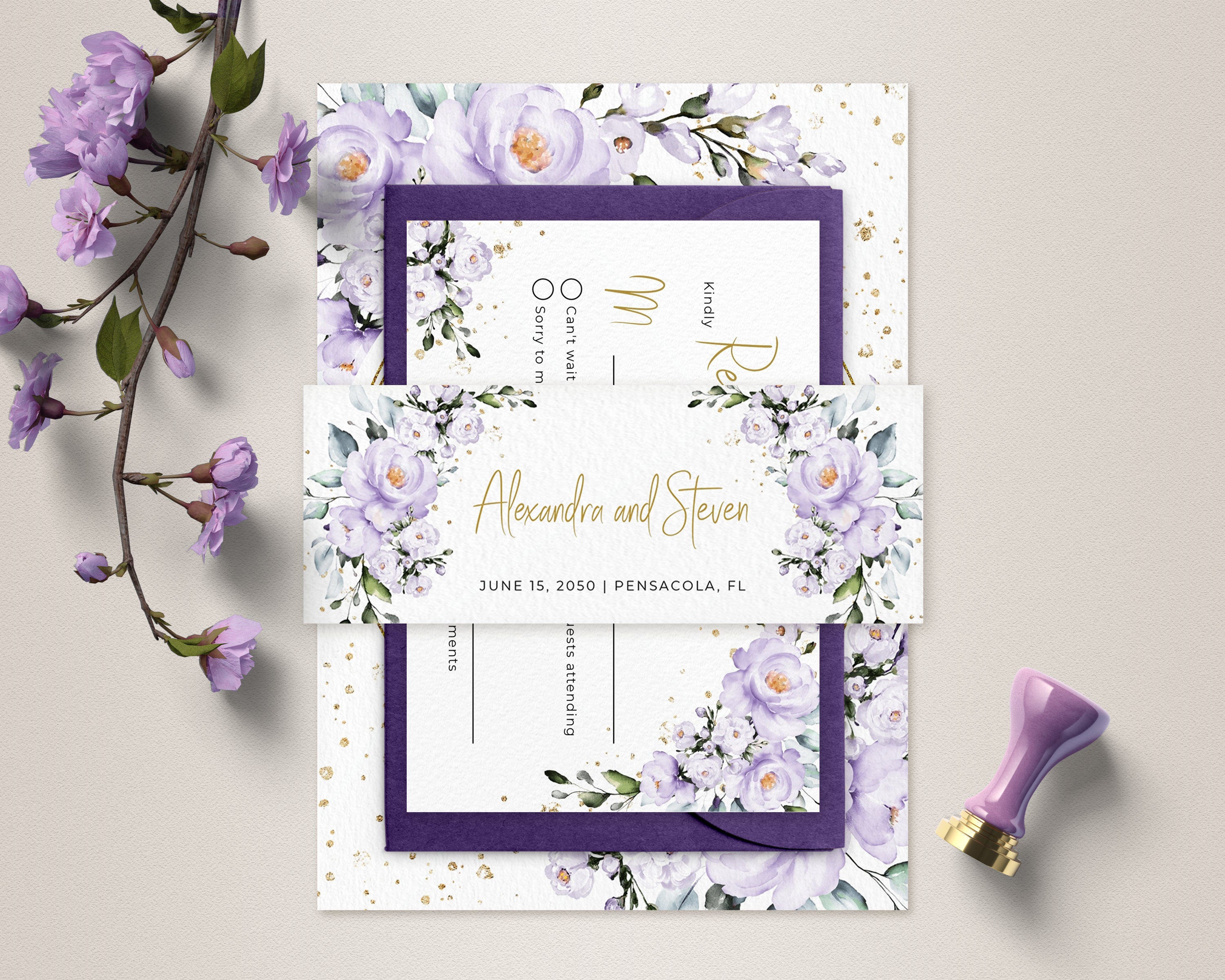 Lavender Wedding Invitation Template Set, Wedding Invite Wit Lavender ...