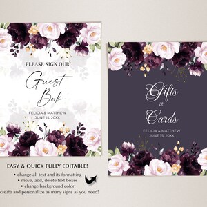 Purple Wedding Custom Sign Template, Portrait and Landscape Dark Plum ...