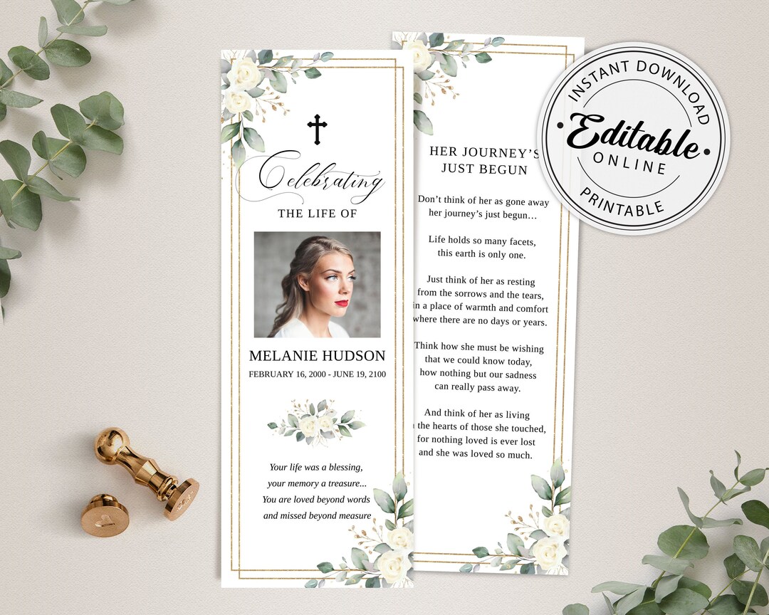 Printable Funeral Bookmark Template With White Roses, Celebration of ...