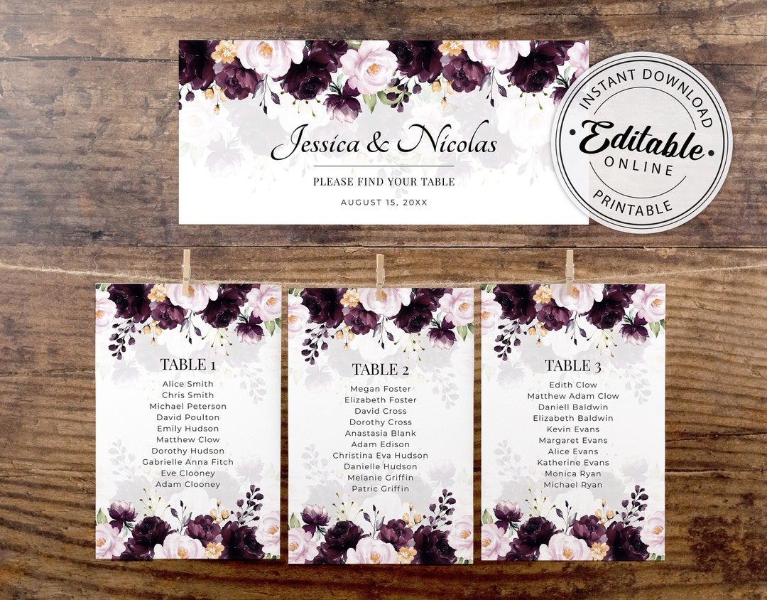 Purple Wedding Seating Table Cards Template • INSTANT DOWNLOAD ...