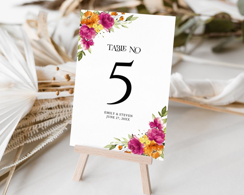 Hot Pink and Orange Wedding Table Numbers Template, Floral Table ...