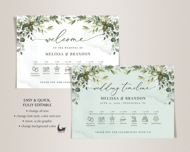 Greenery Wedding Timeline Card Template Wedding Day Schedule | Etsy
