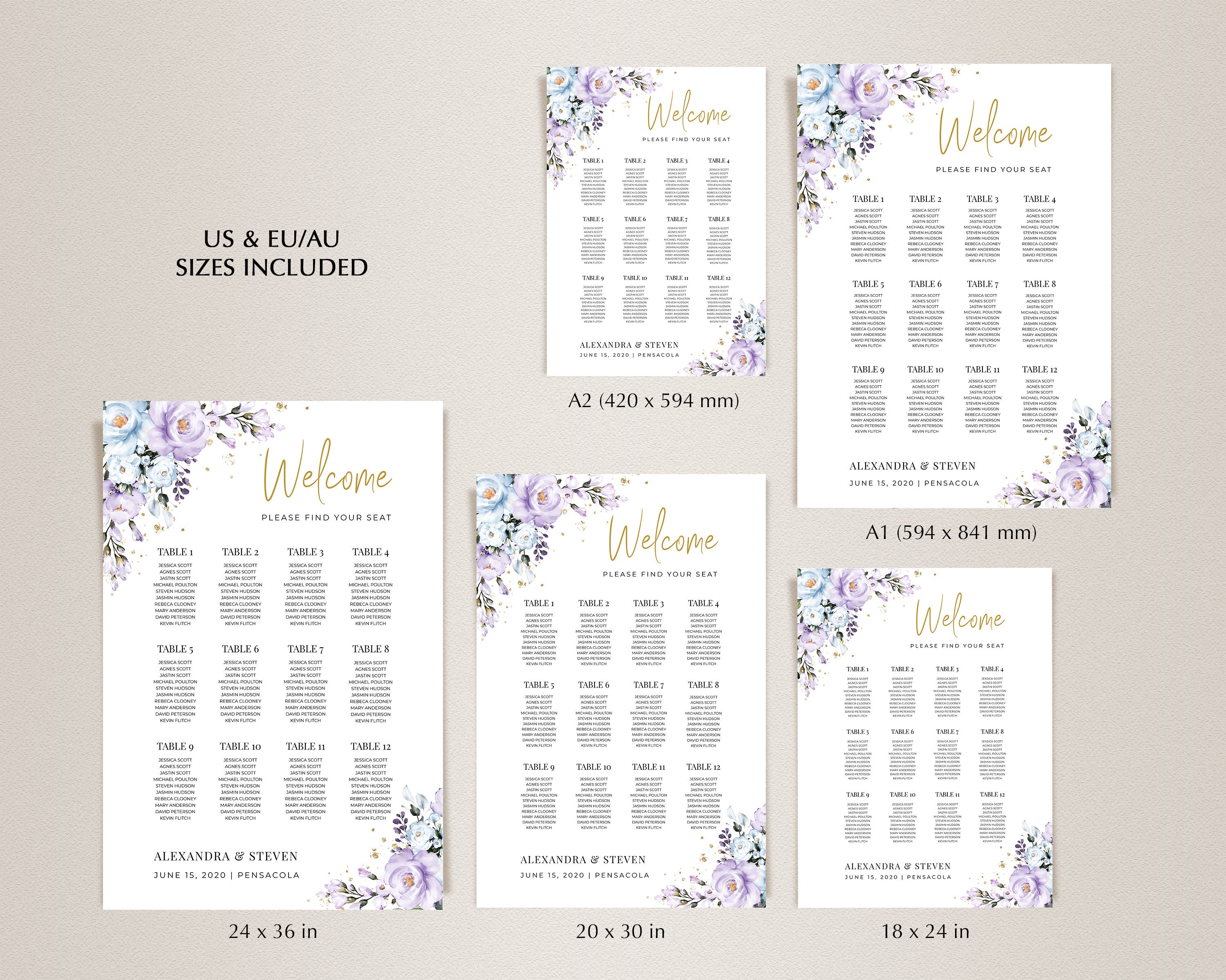 Lavender & Blue Wedding Seating Chart Template, Floral Seating Plan ...
