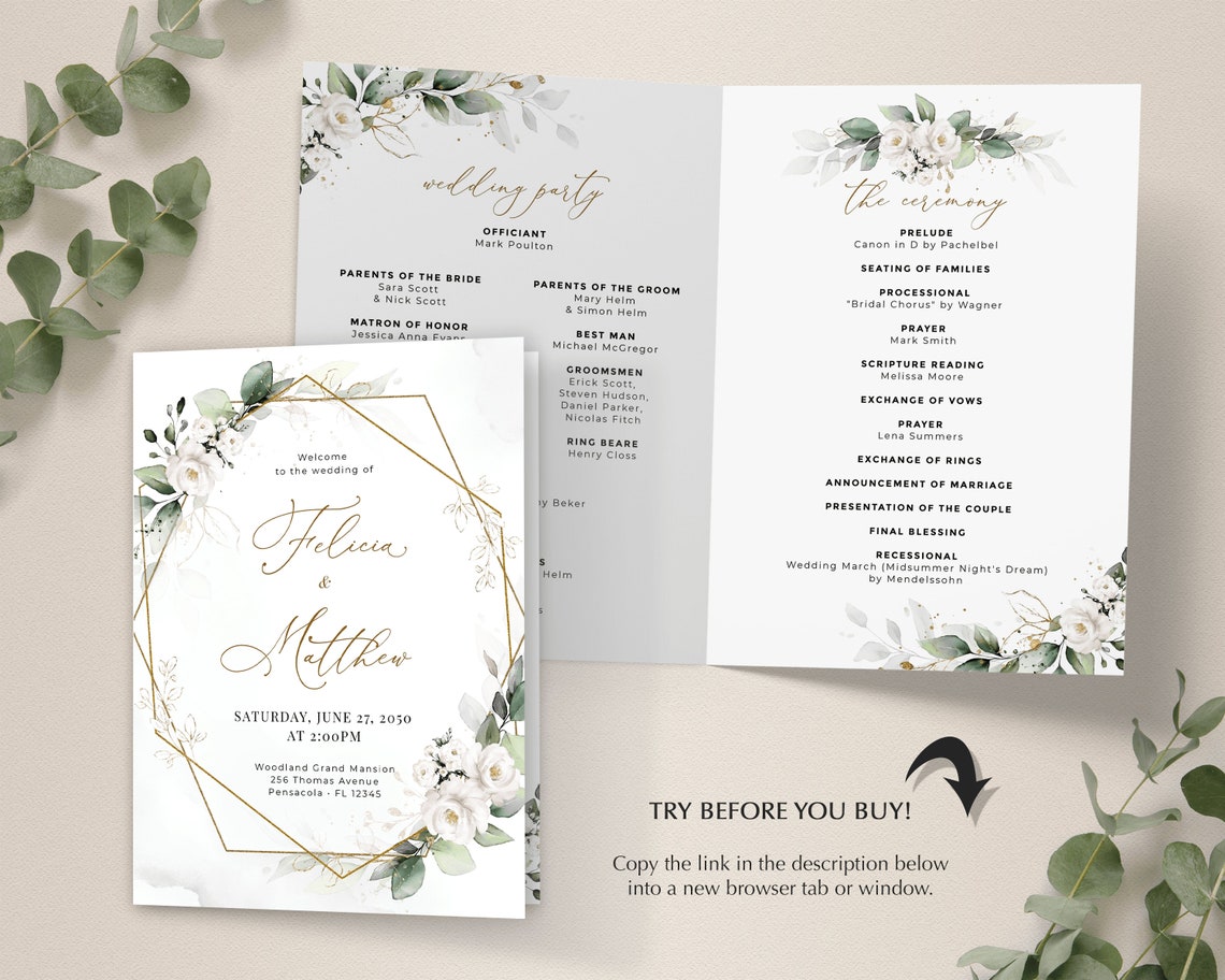 Bi-fold Greenery Wedding Program Template With White Roses - Etsy