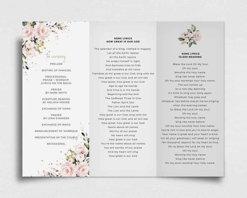 Trifold Wedding Program Template With Blush Pink Roses Floral - Etsy