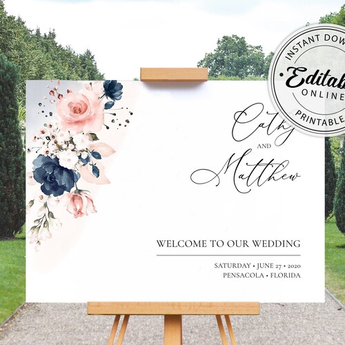 Navy Blue and Blush Pink Floral Wedding Welcome Sign Template - Etsy
