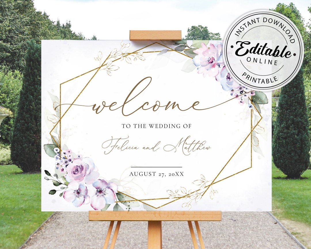 Geometric Wedding Welcome Sign Template With Lavender Roses • INSTANT ...