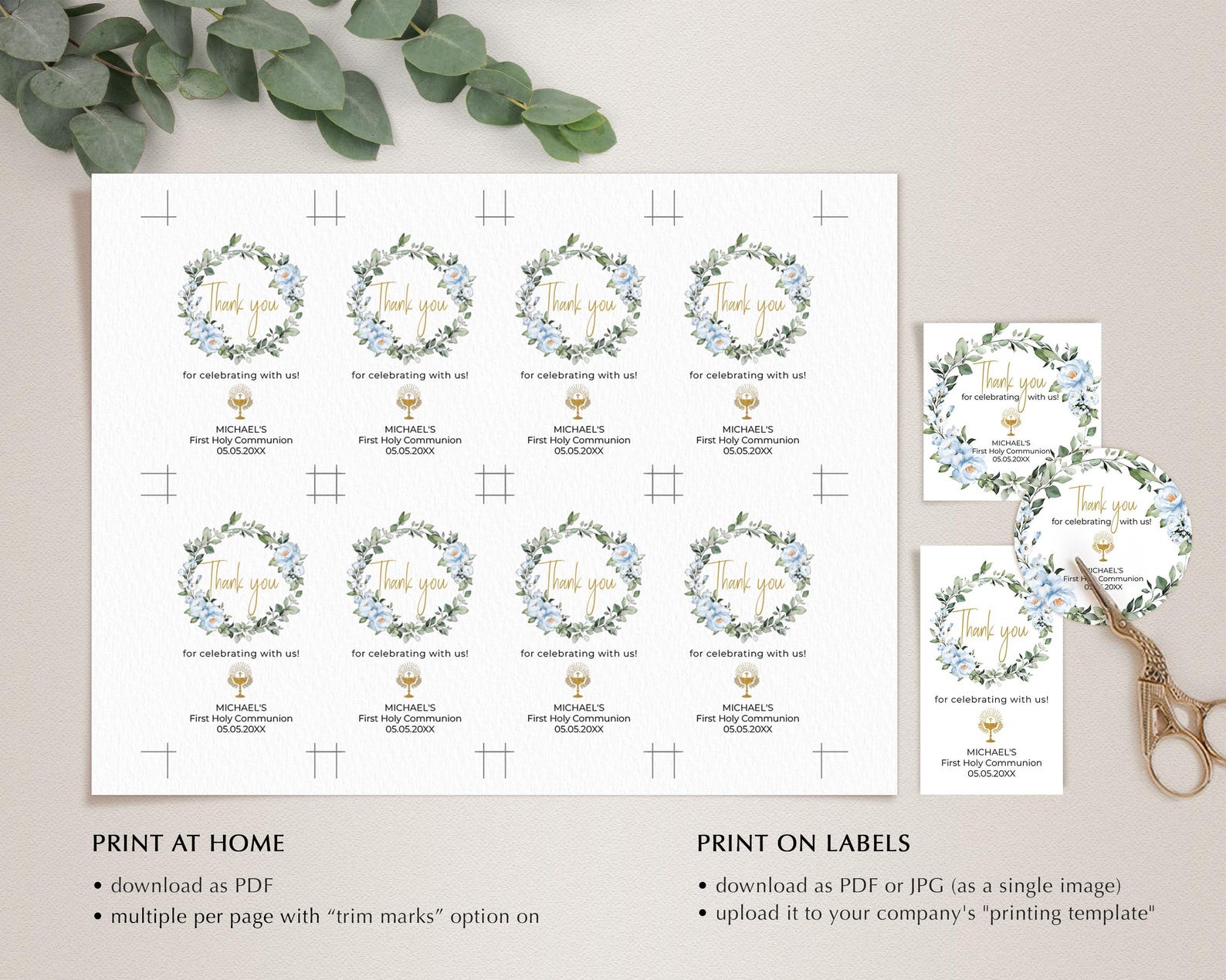 First Holy Communion Favor Tag Template With Blue Roses, Thank You ...