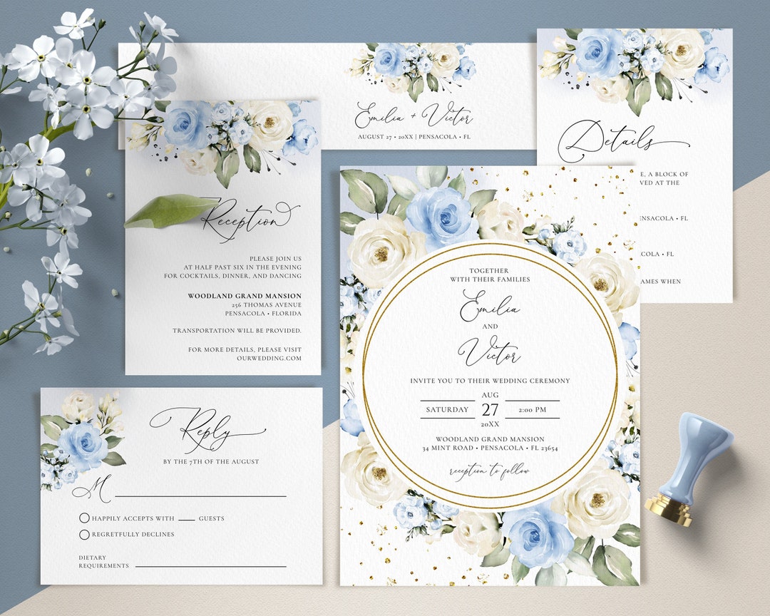 Blue and White Wedding Invitation Template Set, Wedding Invite Template ...