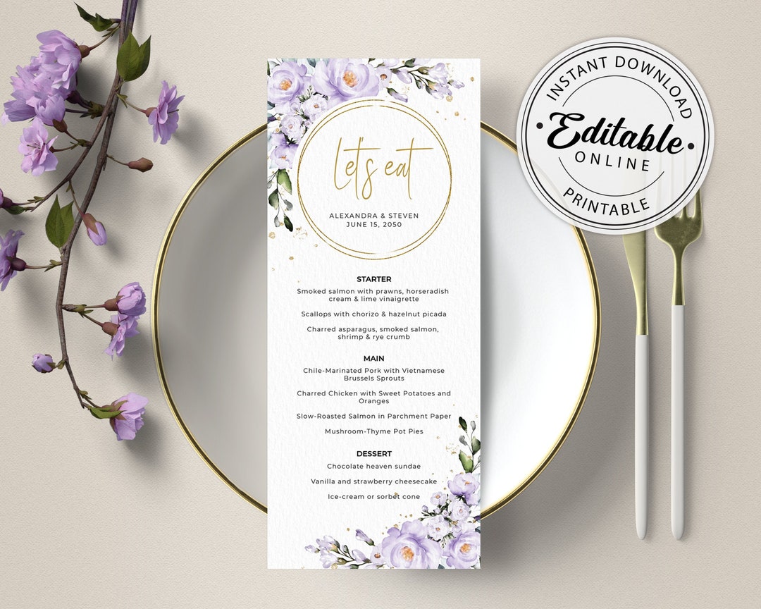 Lavender Menu Template wedding Bridal Shower Dinner - Etsy