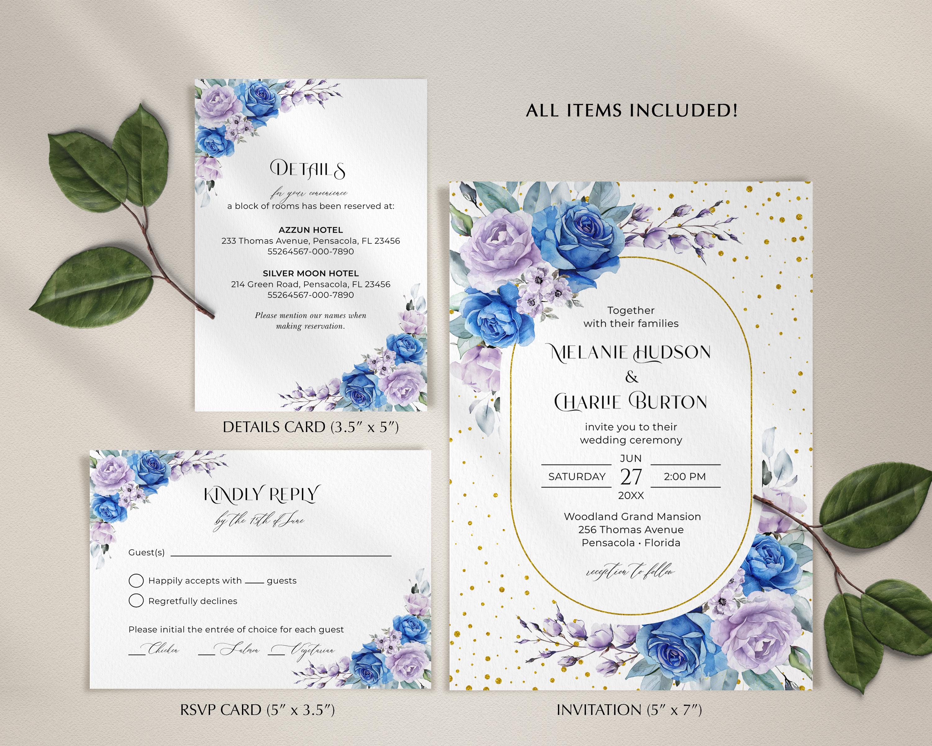 Royal Blue and Lavender Invitation Template Suite, Wedding Invitation ...